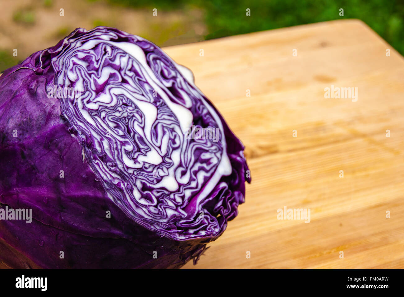 Cut red cabbage on cutting board. Culinary still life outdoors Stock ...