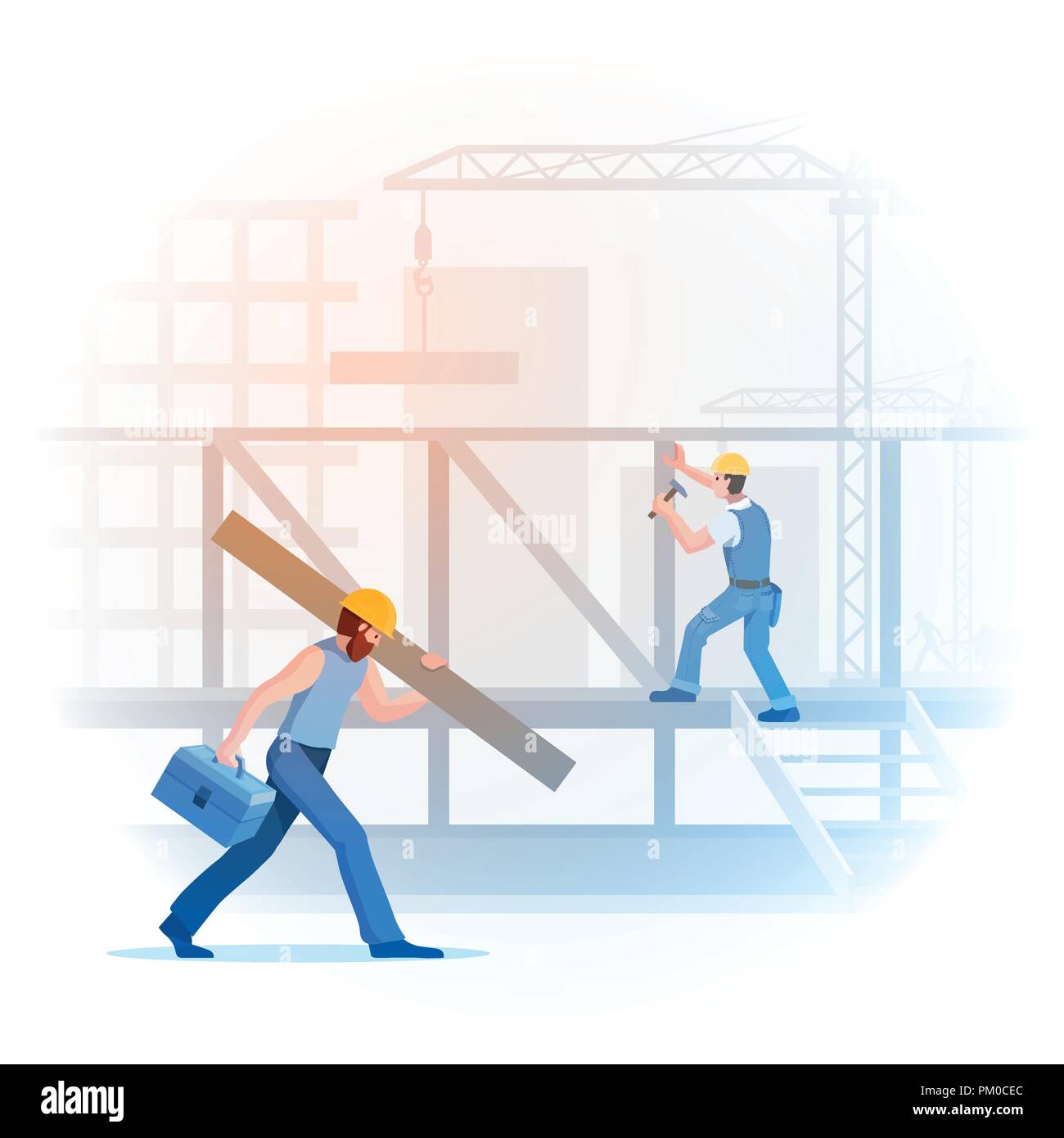 Building under construction with workers. Vector illustration. Elements ...