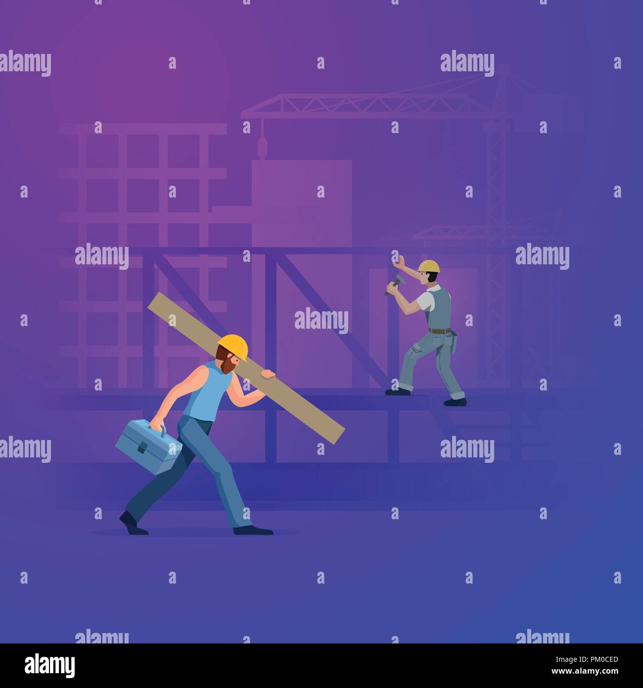 Building under construction with workers. Vector illustration. Elements ...