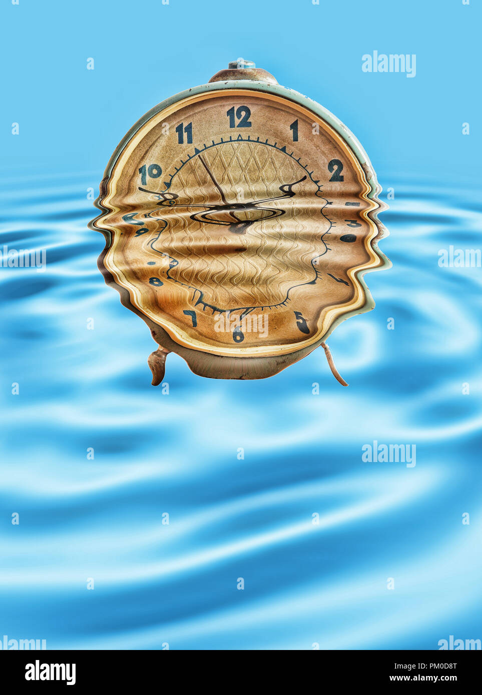 Retro alarm clock in blue water ripples taken closeup Stock Photo - Alamy