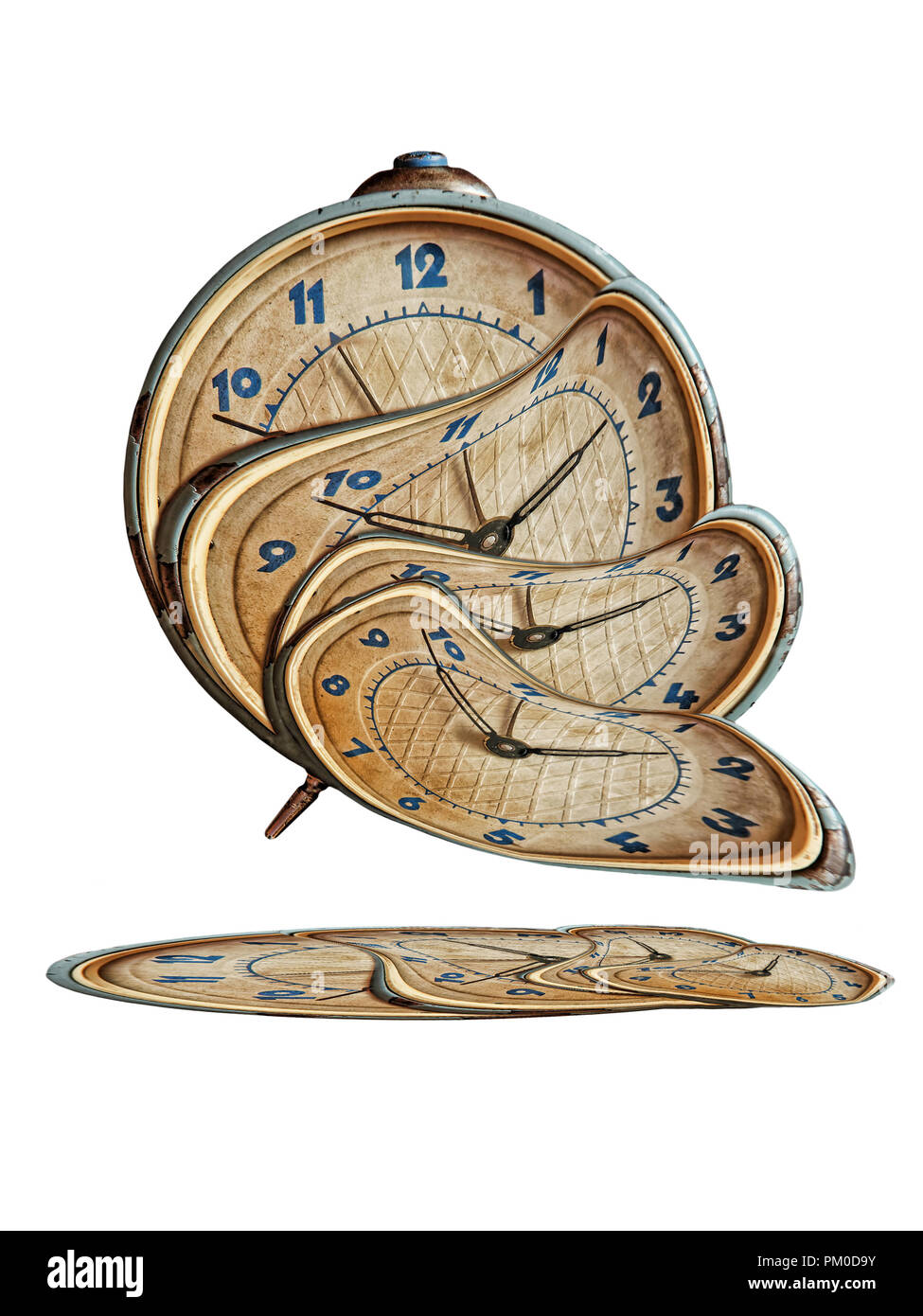 Liquid and flexible time concept.Surreal Alarm clock transforming and ...