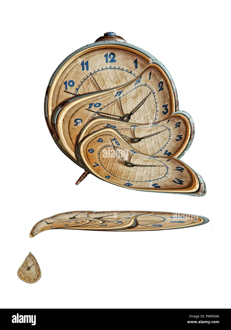 Liquid and flexible time concept.Surreal Alarm clock transforming and ...