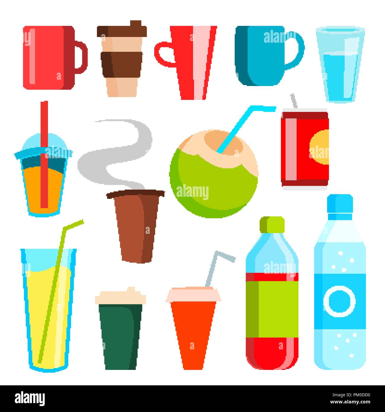 Drink Icons Vector. Soda, Fast Food, Coffee, Coctail. Mug, Bottled ...