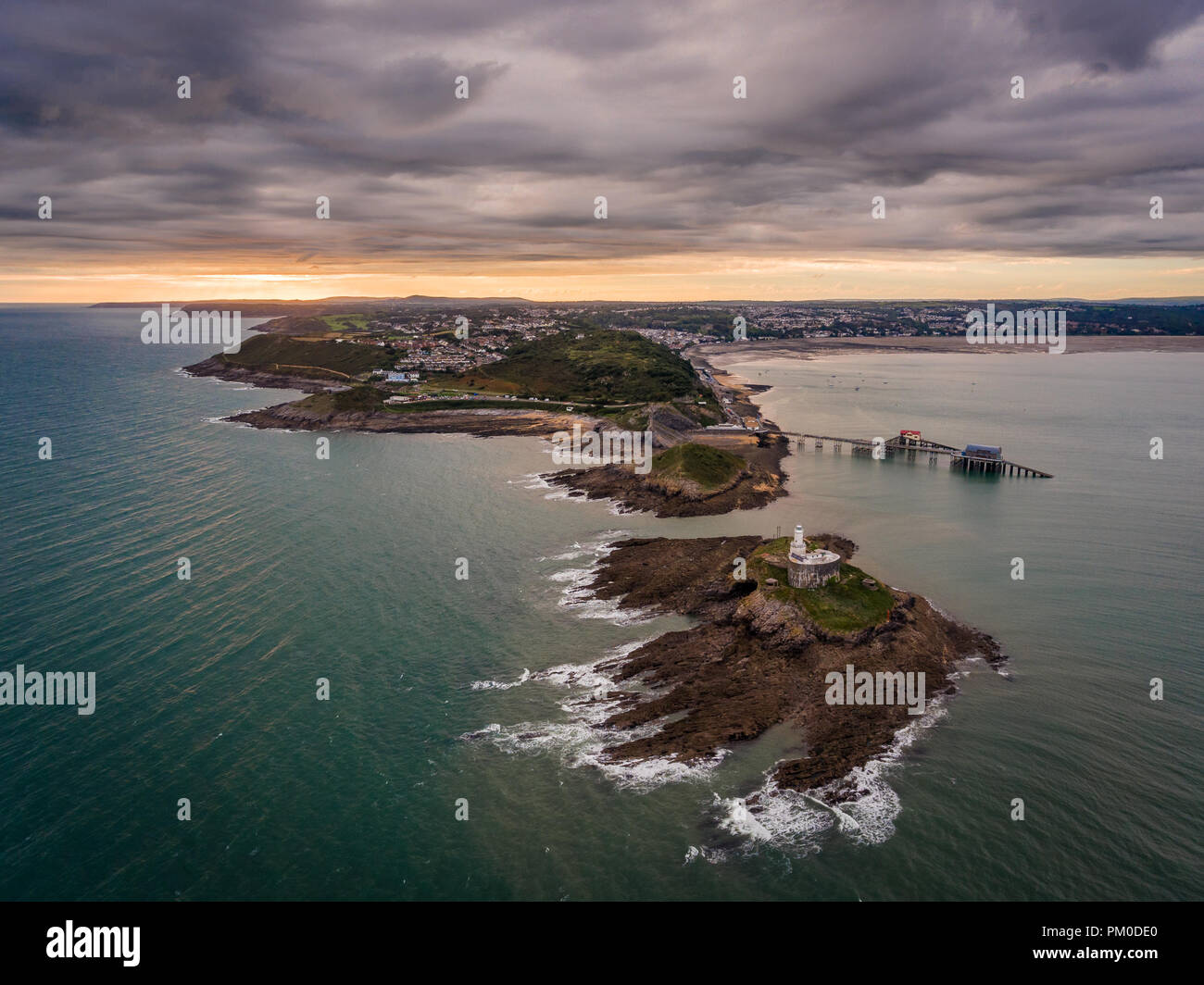 An aerial view of the Mumbles coastline in Swansea, South Wales, UK ...