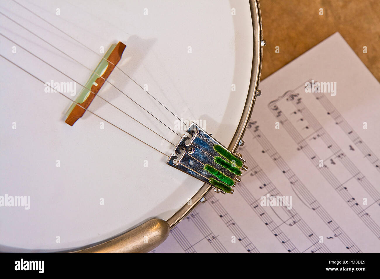 Close-up Images of Older Banjo different angles and some with music ...