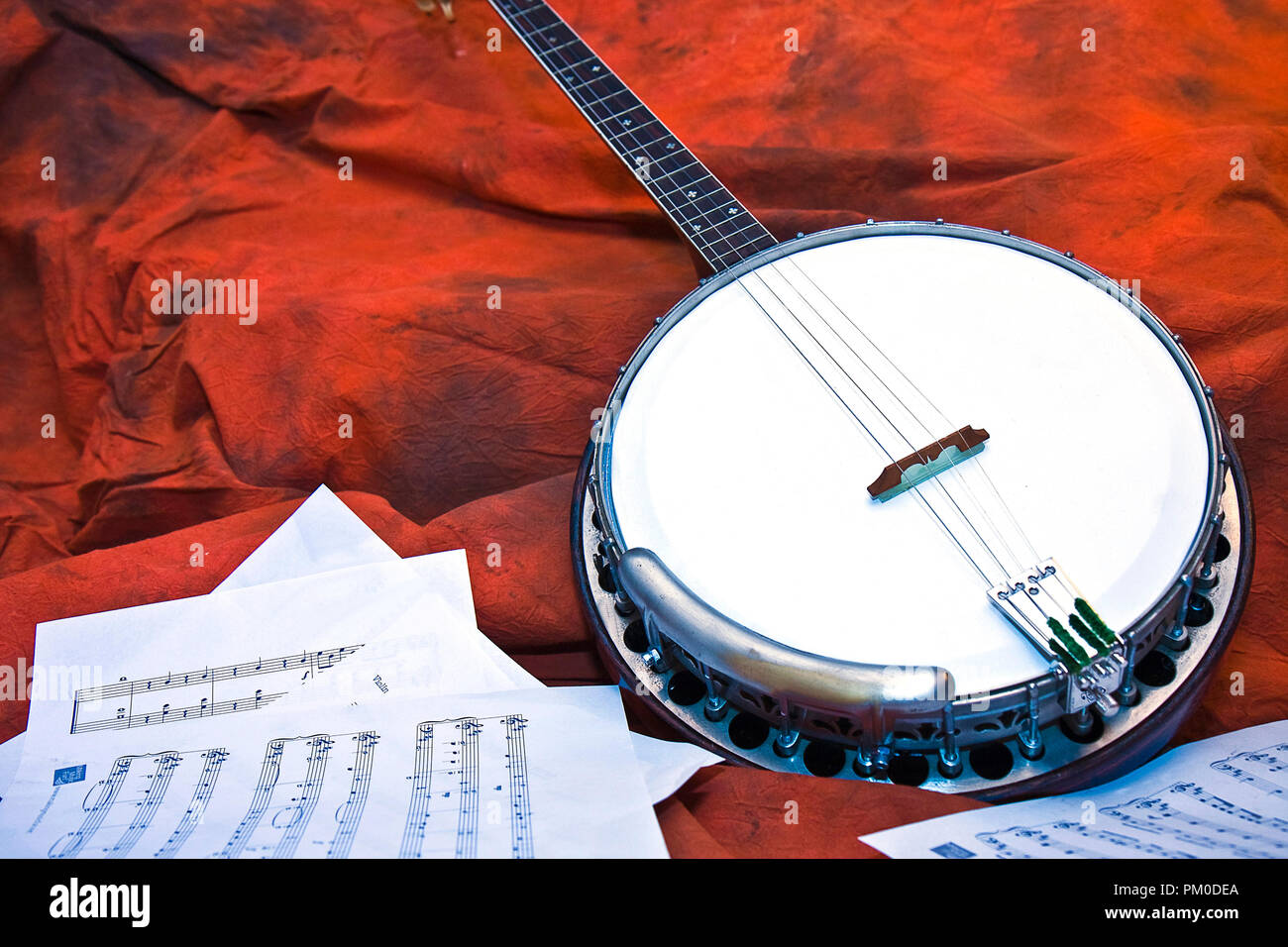 Close-up Images of Older Banjo different angles and some with music ...
