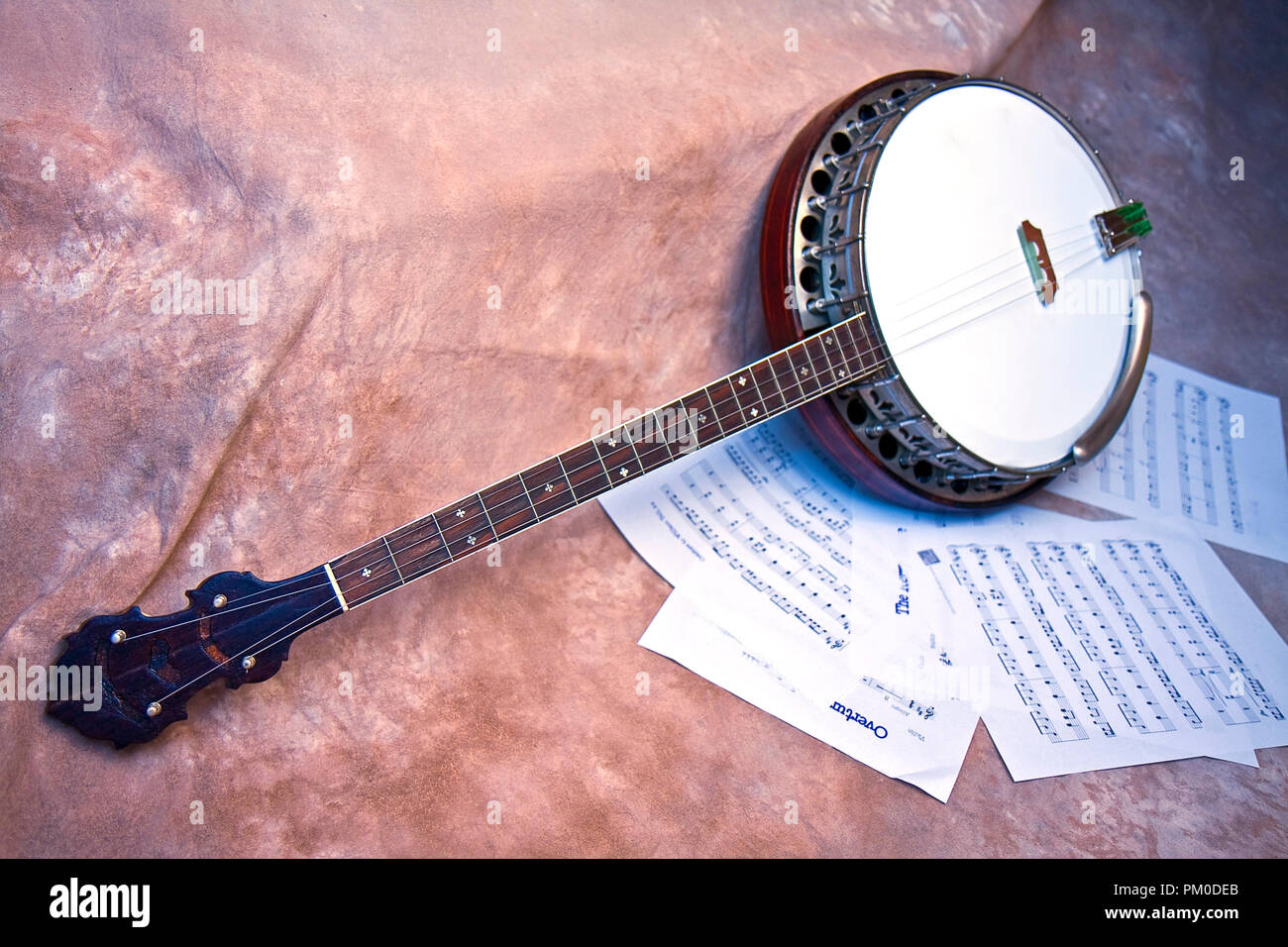 Close-up Images of Older Banjo different angles and some with music ...