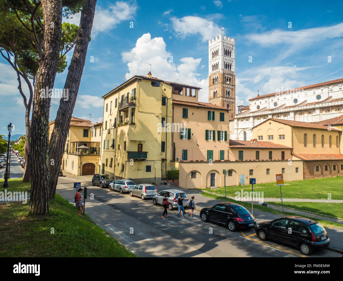Street in the walled city of Lucca with the tower of the Roman Catholic ...