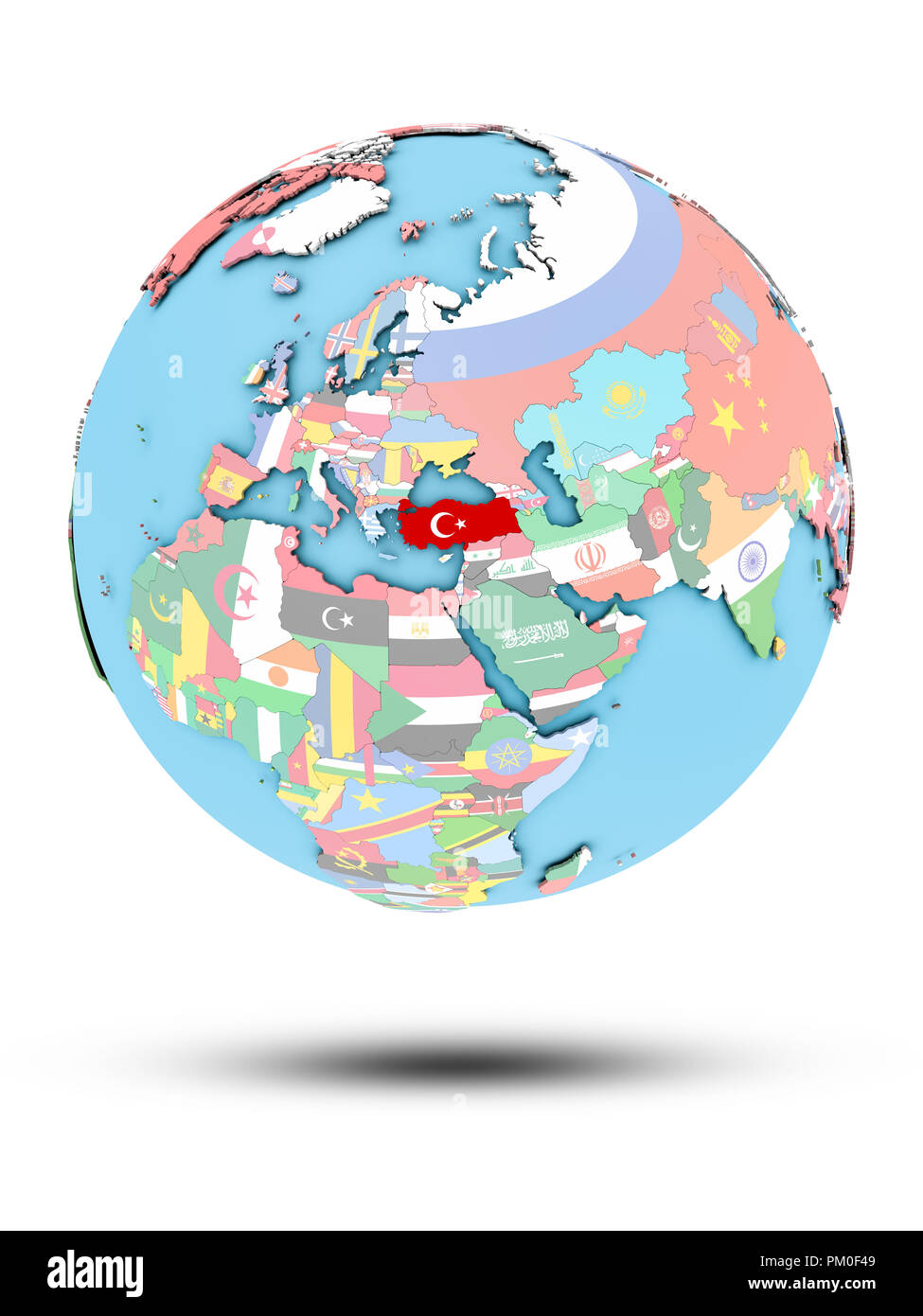 Turkey on political globe with national flags isolated on white ...