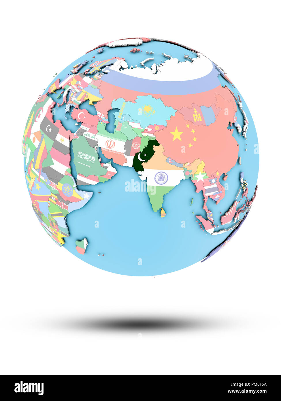 Pakistan on political globe with national flags isolated on white ...
