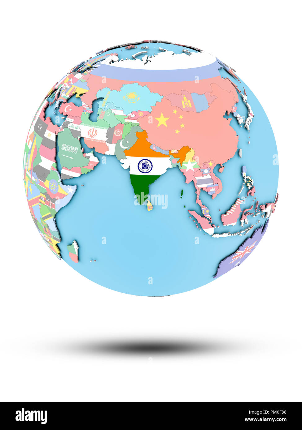 India on political globe with national flags isolated on white ...