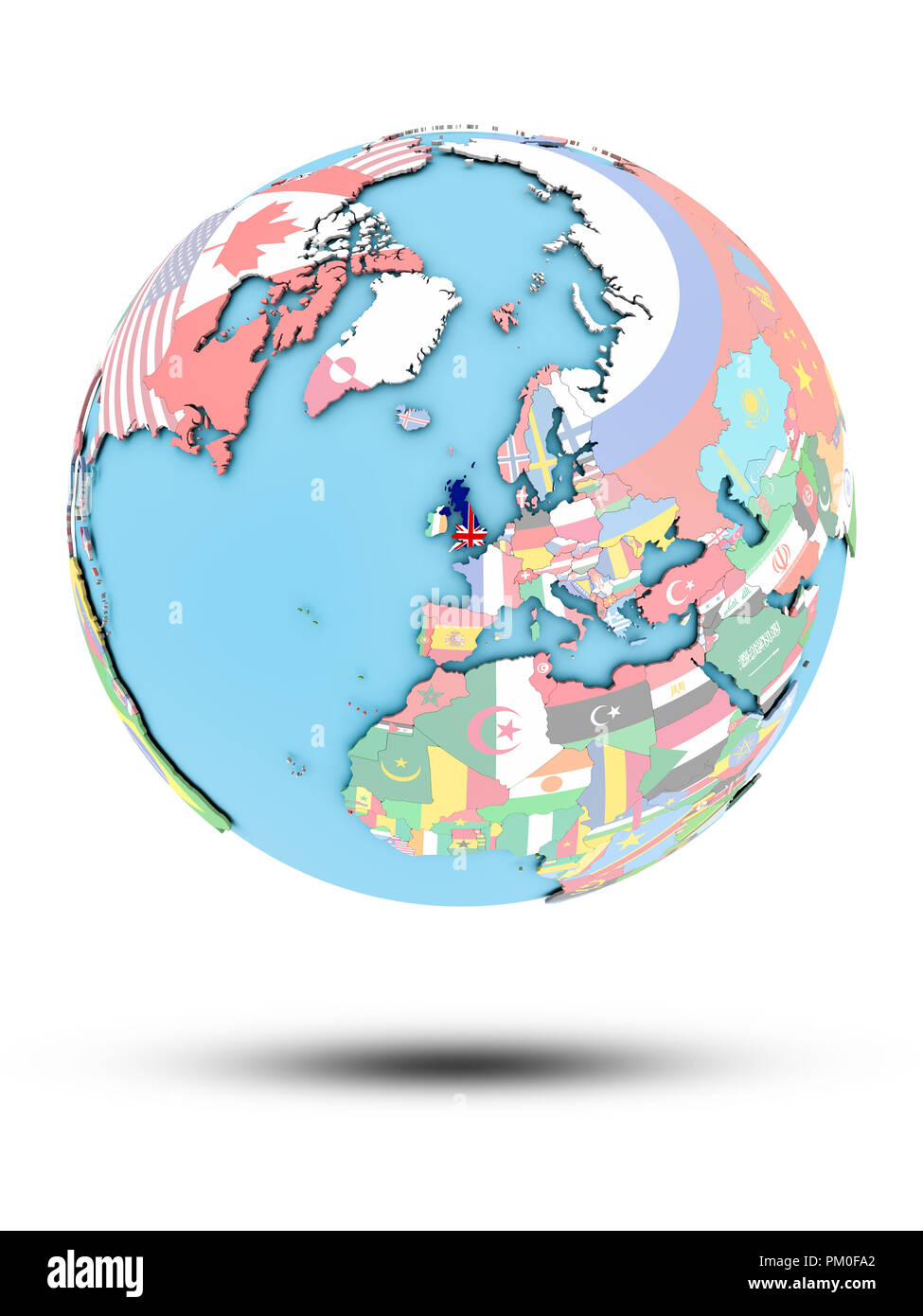 United Kingdom on political globe with national flags isolated on white ...