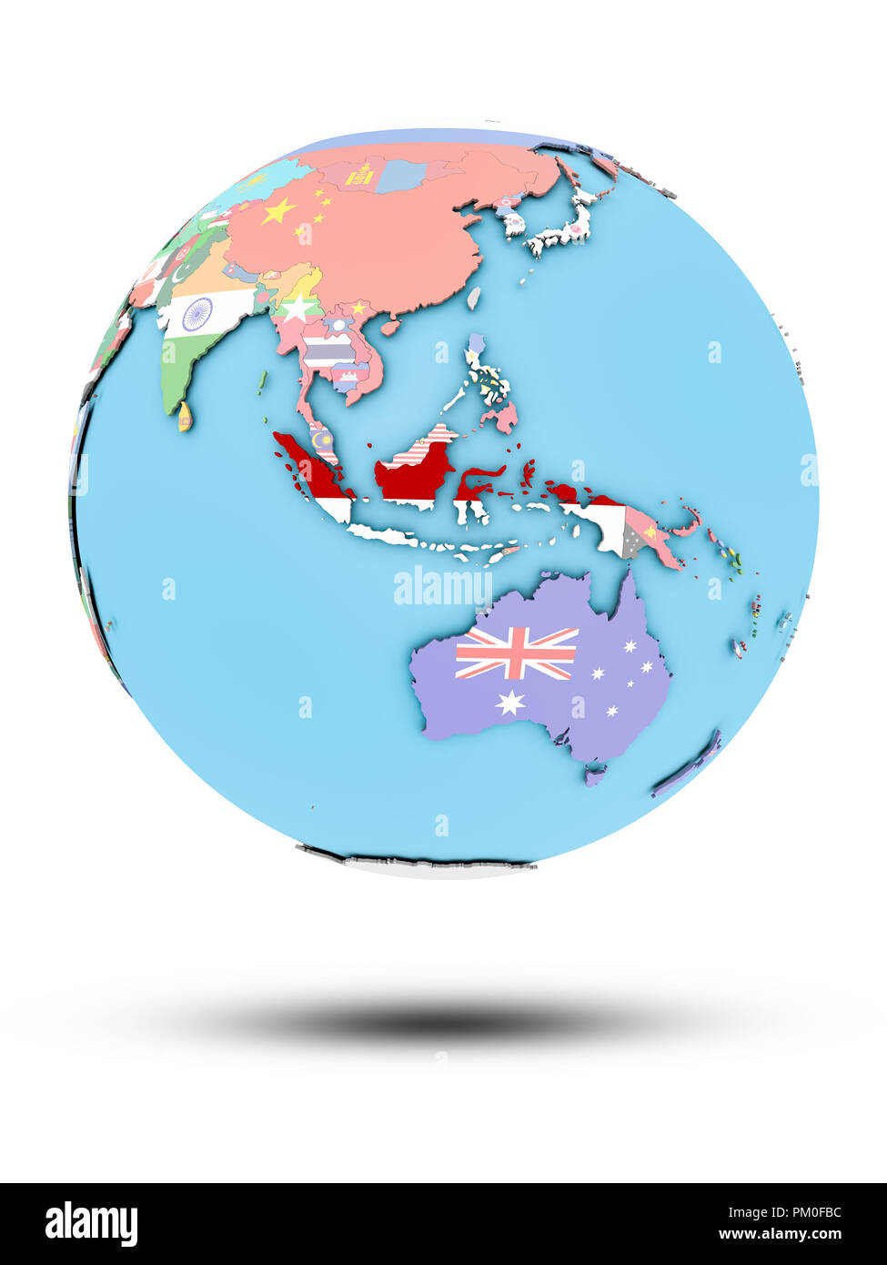 Indonesia on political globe with national flags isolated on white ...