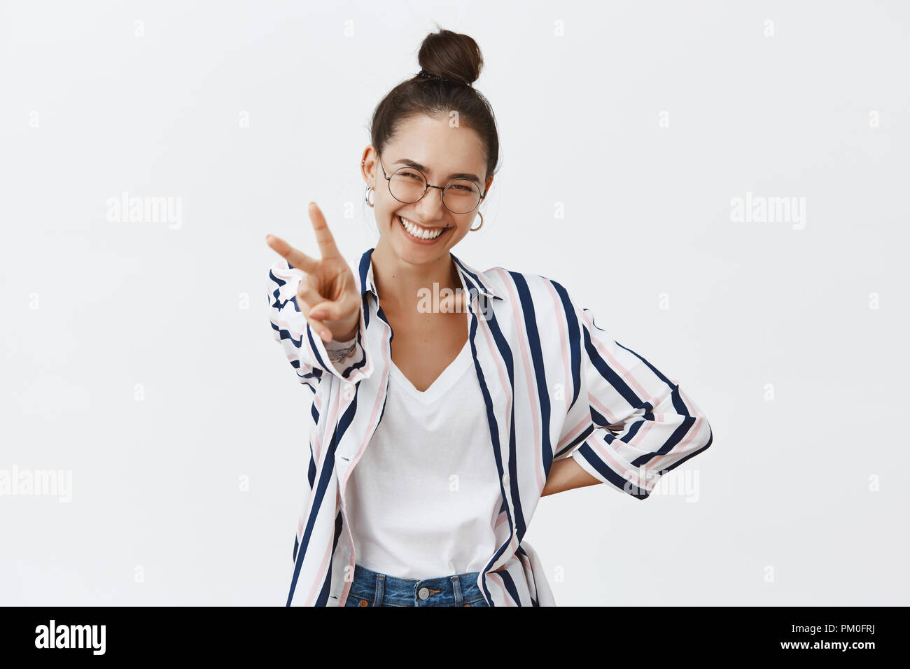 Smile to future. Portrait of optimistic beautiful and joyful woman in ...
