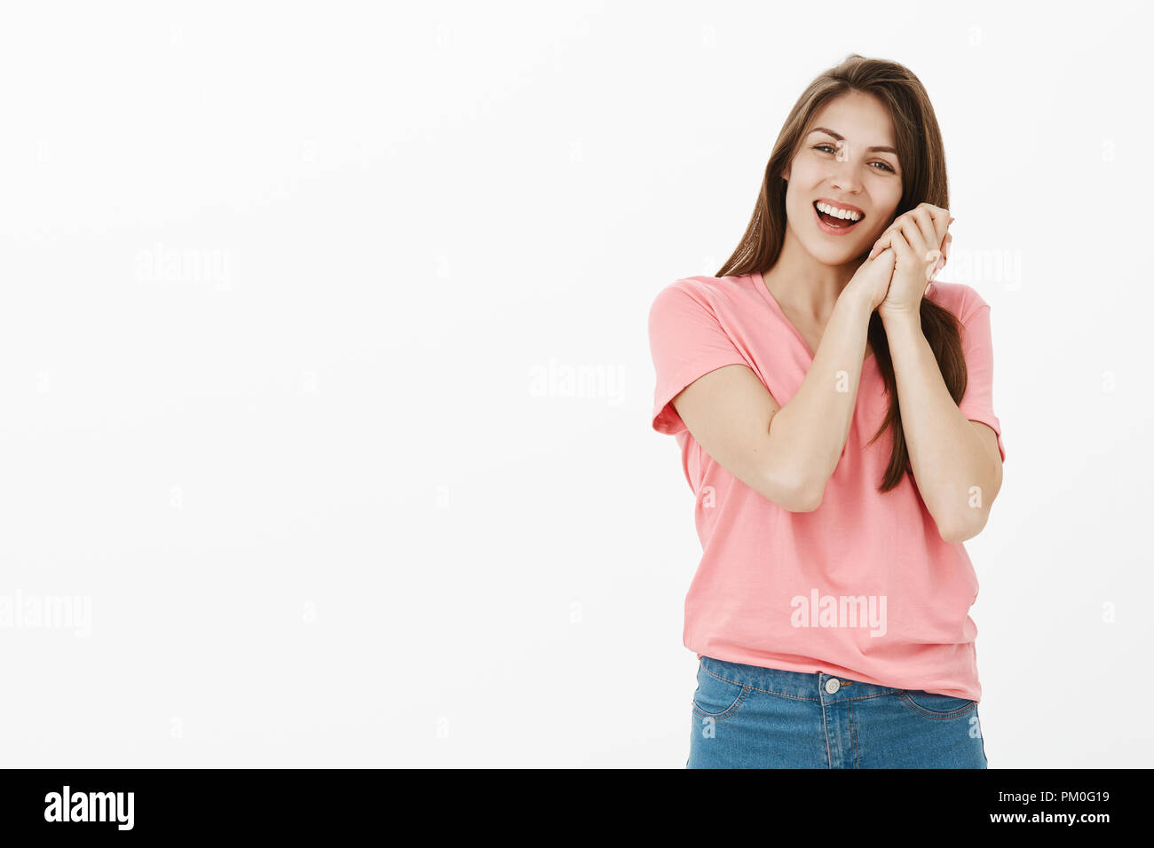 Girl seeing something really cute and moving, being impressed and ...