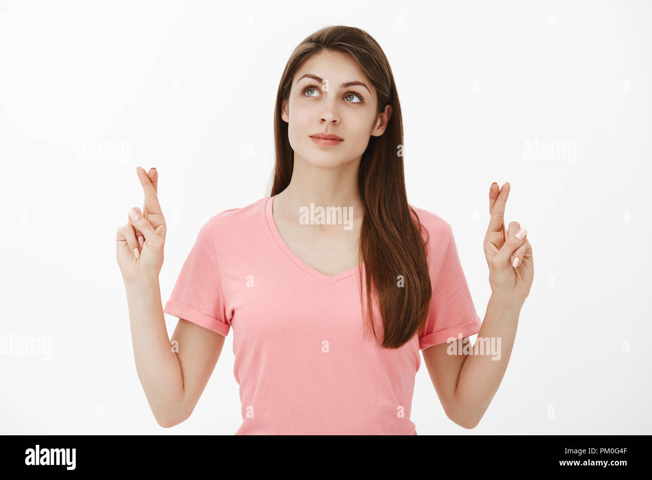 Girl looking at sky making wish and hoping dream come true. Portrait of ...