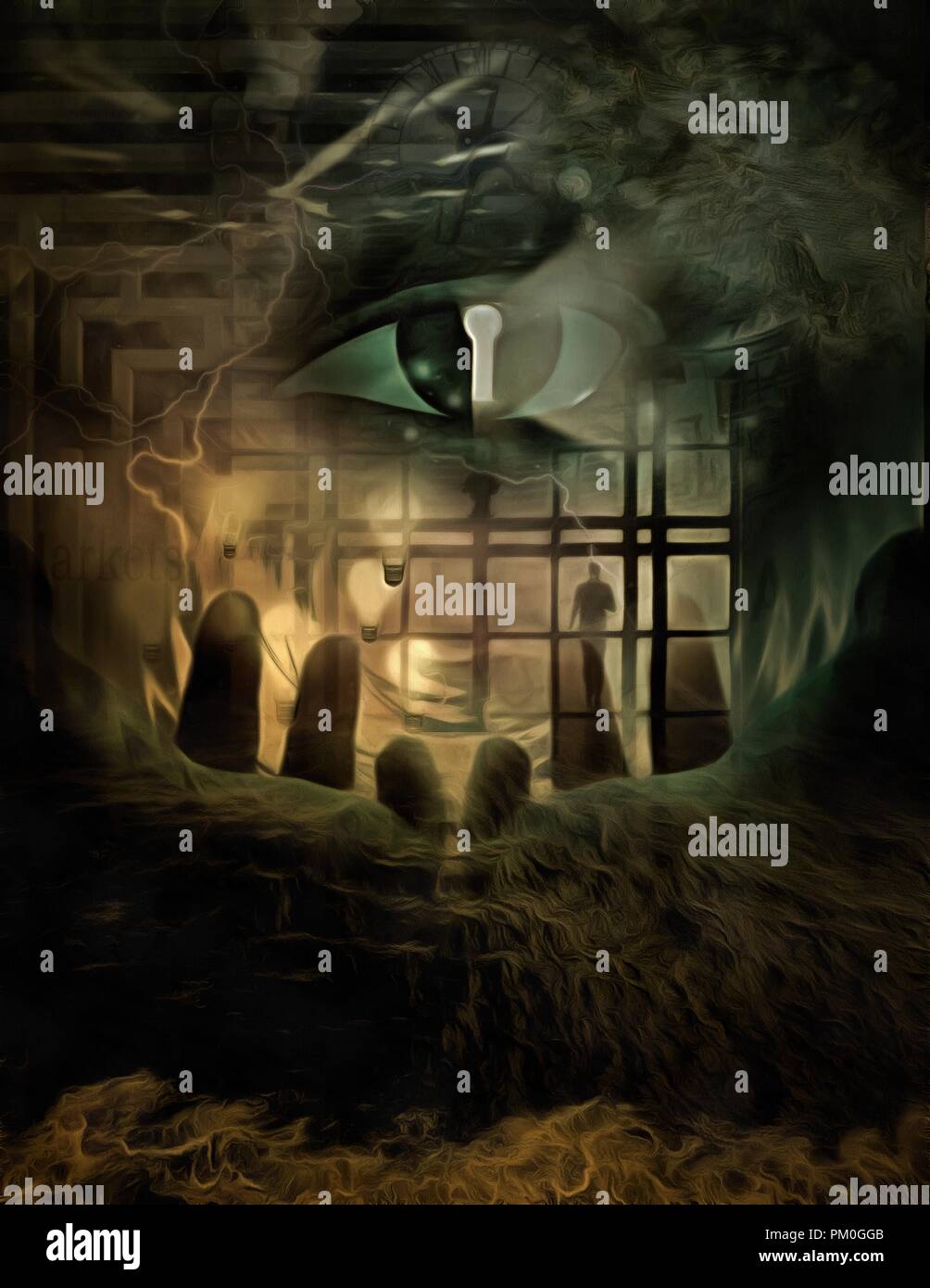 Complex surreal painting. Giant eye with keyhole Stock Photo - Alamy
