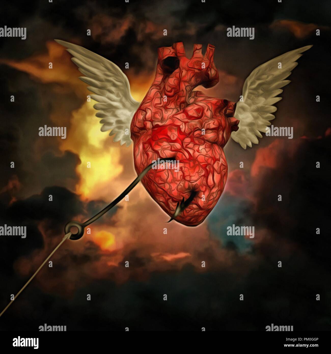 Surreal painting. Winged heart with hook inside Stock Photo - Alamy