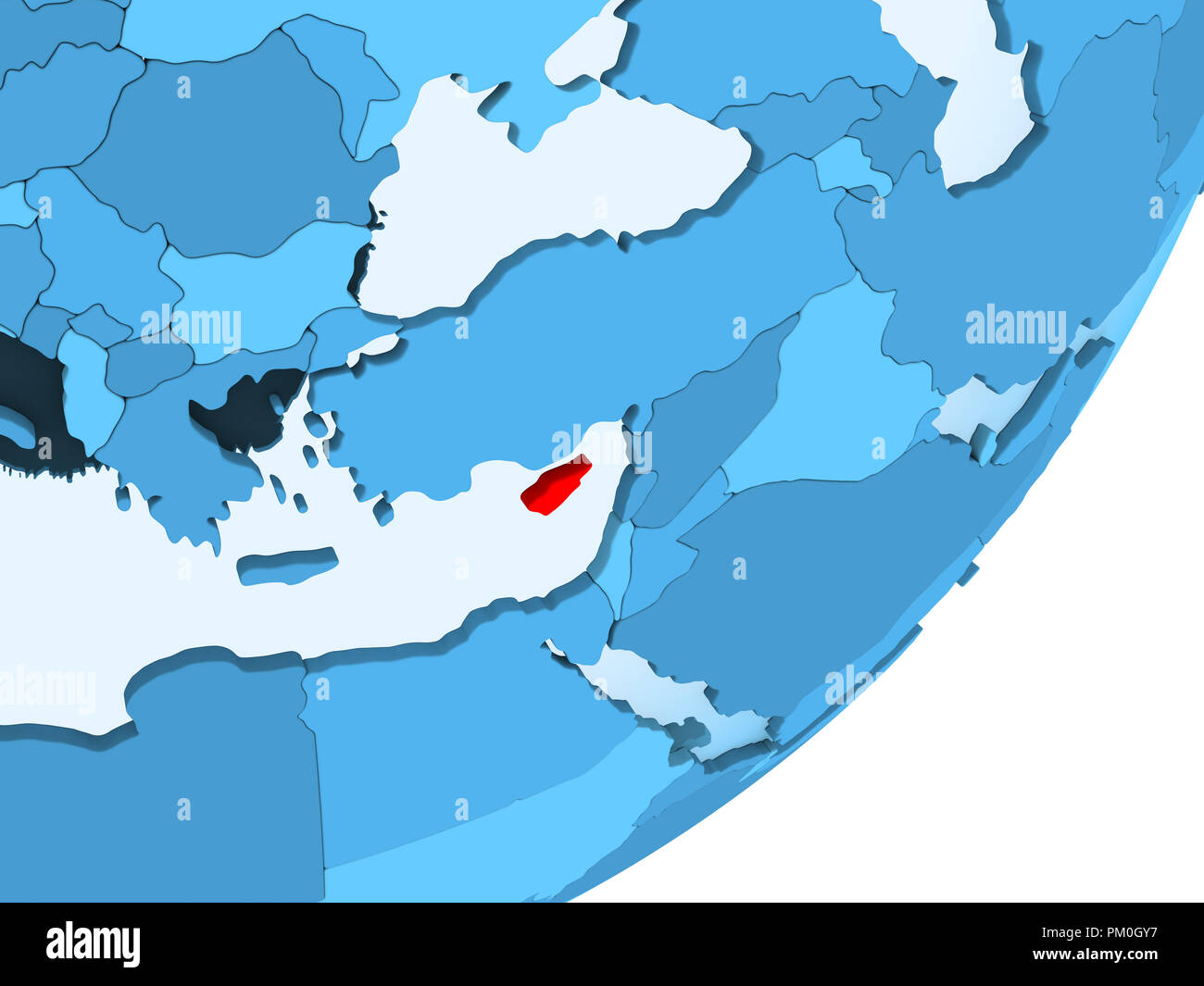 Cyprus in red on blue political globe with transparent oceans. 3D ...