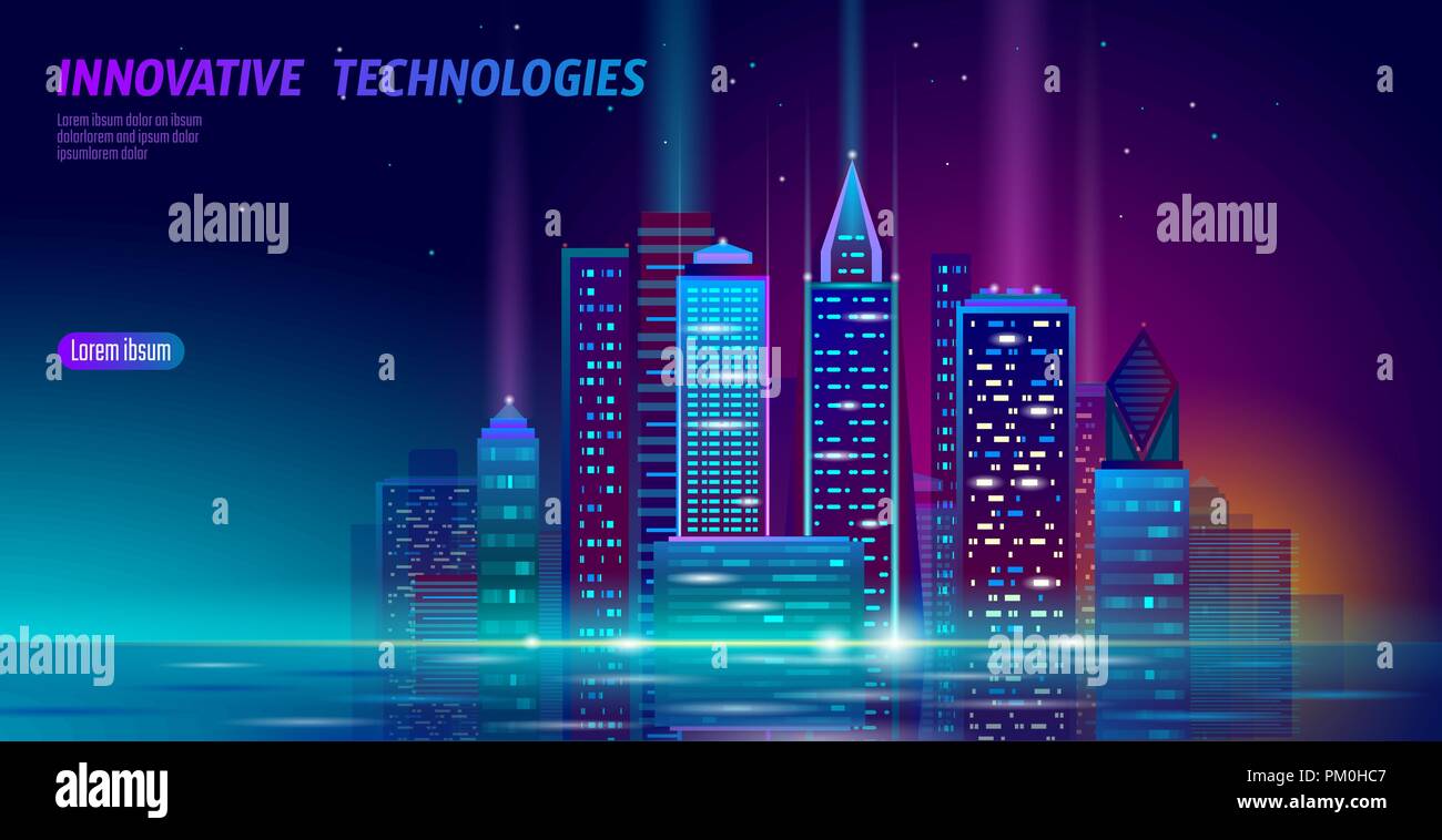 Smart city 3D neon glowing cityscape. Intelligent building automation ...