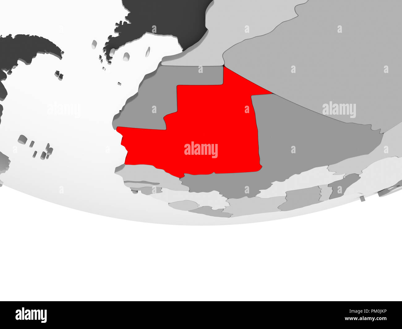 Mauritania in red on grey political globe with transparent oceans. 3D ...