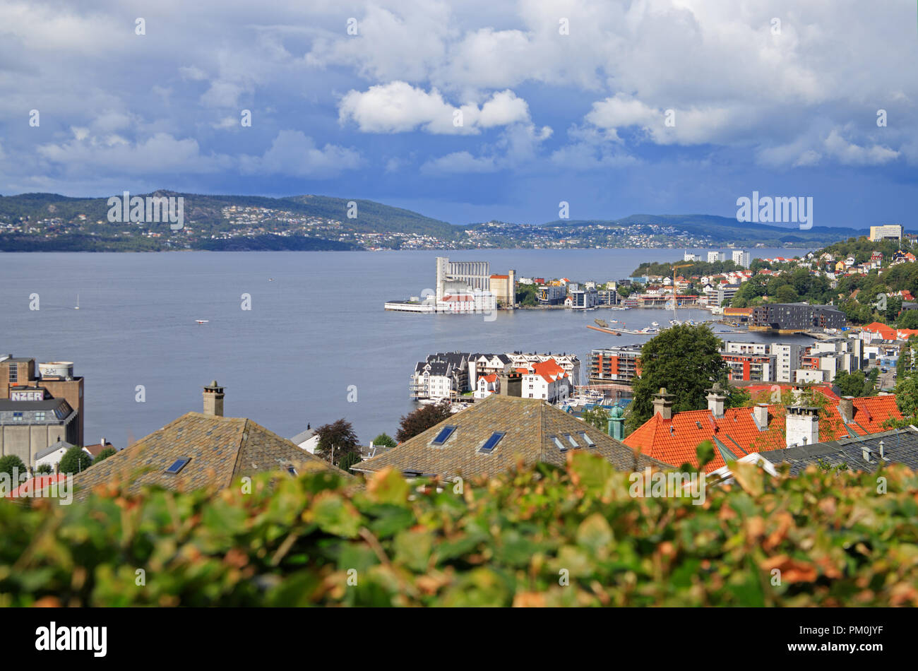 Vew of Bergen. Skyline, clouds, fjord, mountains, cityscape, bay ...