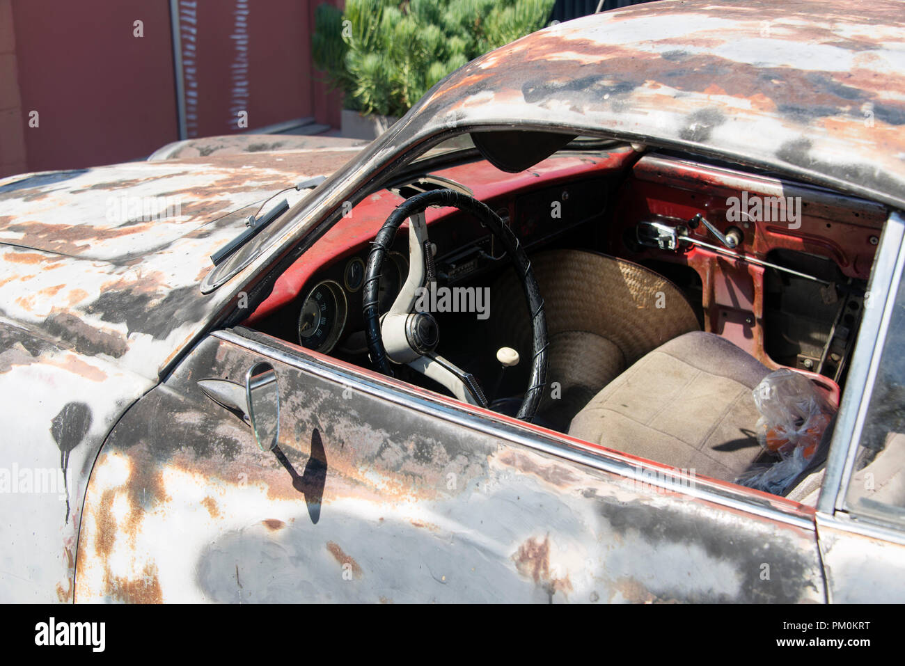 A view of a rusty, welded, abstract modified vintage car in Los Angeles ...