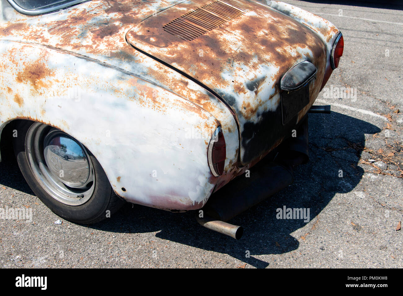 A view of a rusty, welded, abstract modified vintage car in Los Angeles ...
