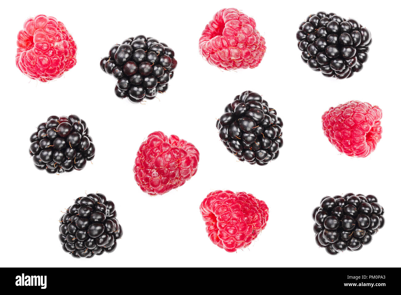 blackberry and raspberry isolated on white background. Top view. Flat ...