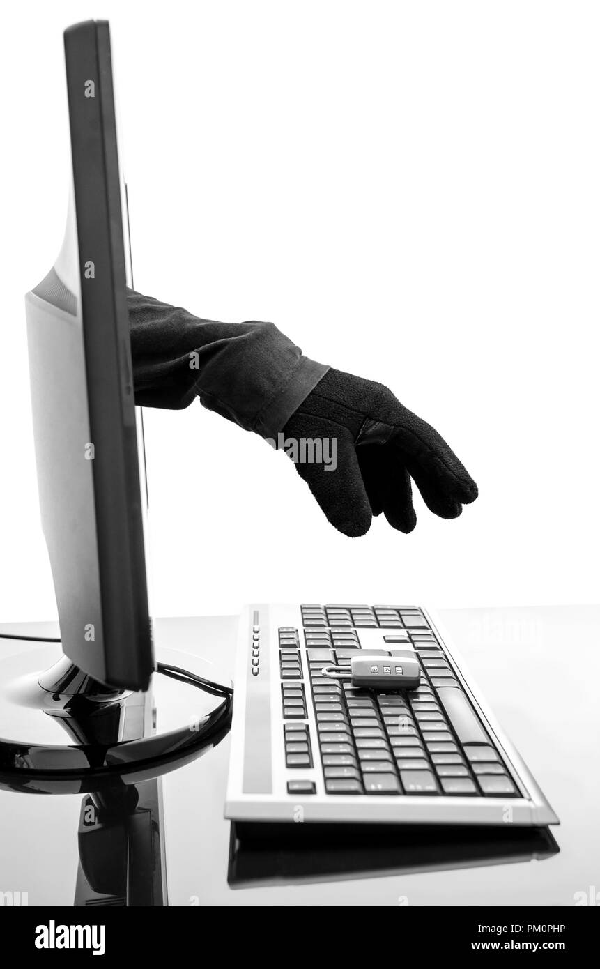 Hackers Gloved Hand Stealing Padlock Through A Computer Screen Concept Of Internet Security