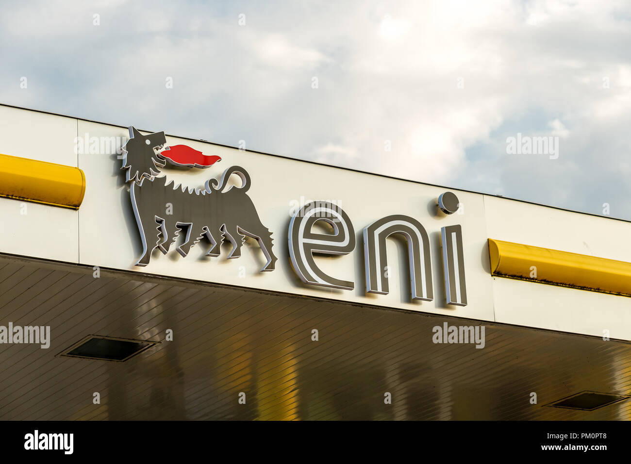 CERVIA (RA), ITALY - SEPTEMBER 16, 2018: sunlight enlightening ENI logo ...