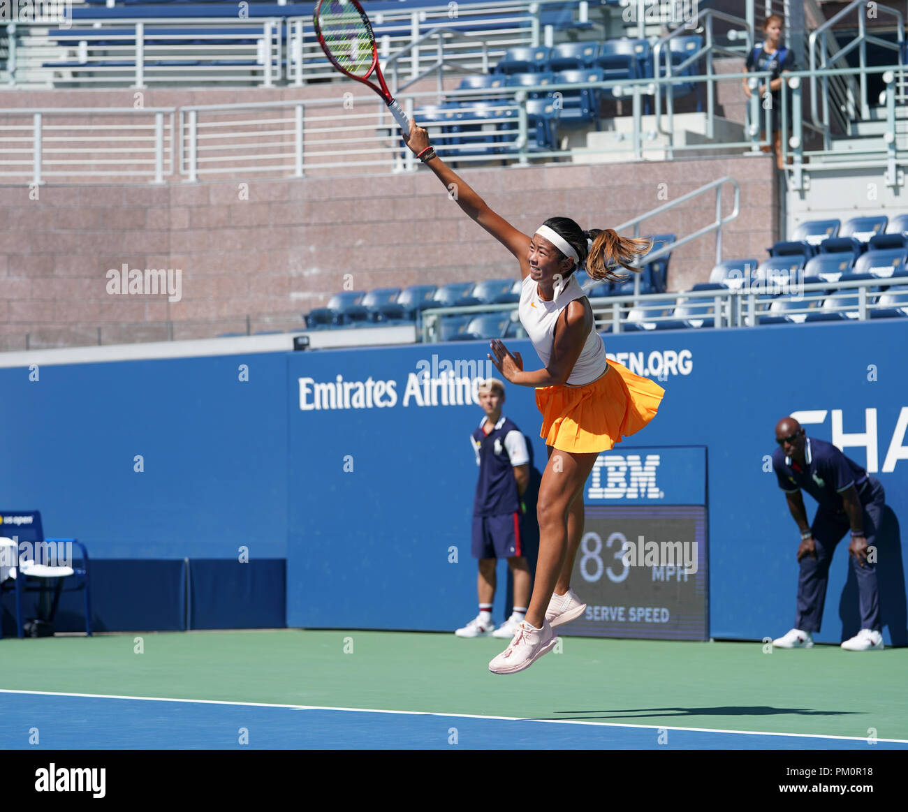 New York, NY - September 4, 2018: Lea Ma of USA serves against Lenka ...