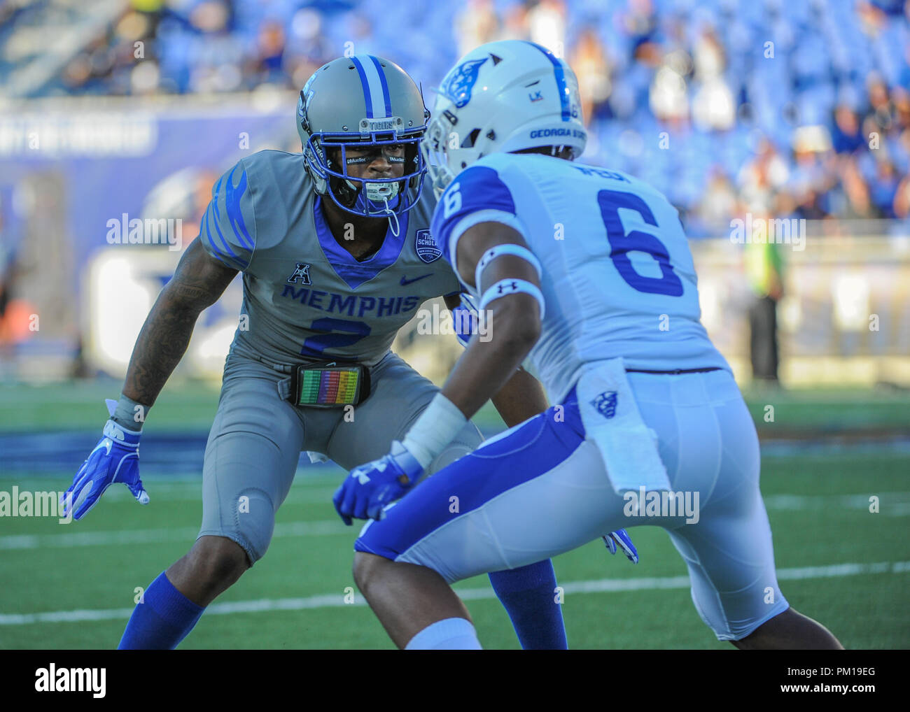 Memphis, TN, USA. 14th Sep, 2018. Memphis DB, T.J. Carter (2), stands ...
