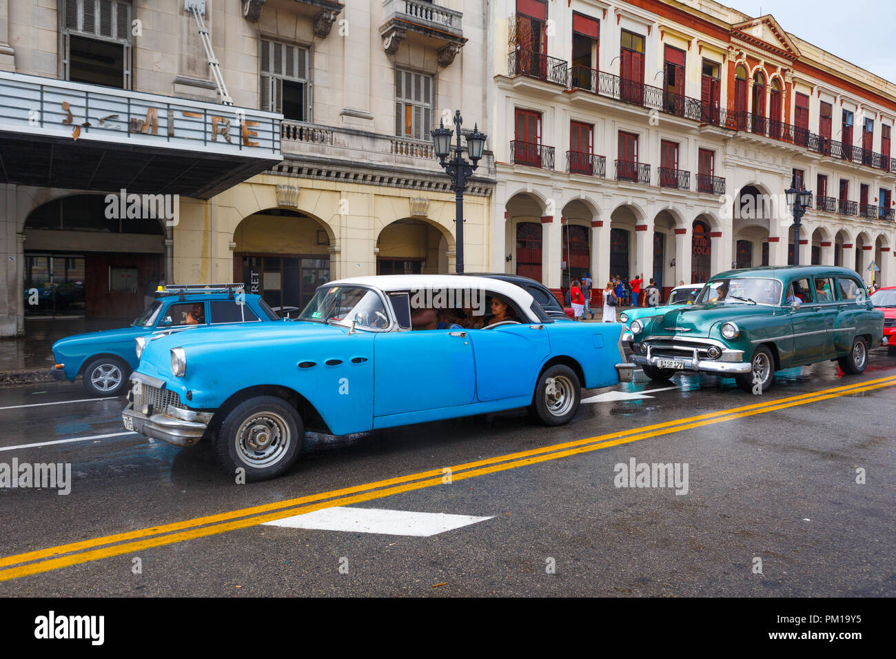 American made classic cars in front of the Payret Theater in Old Havana ...