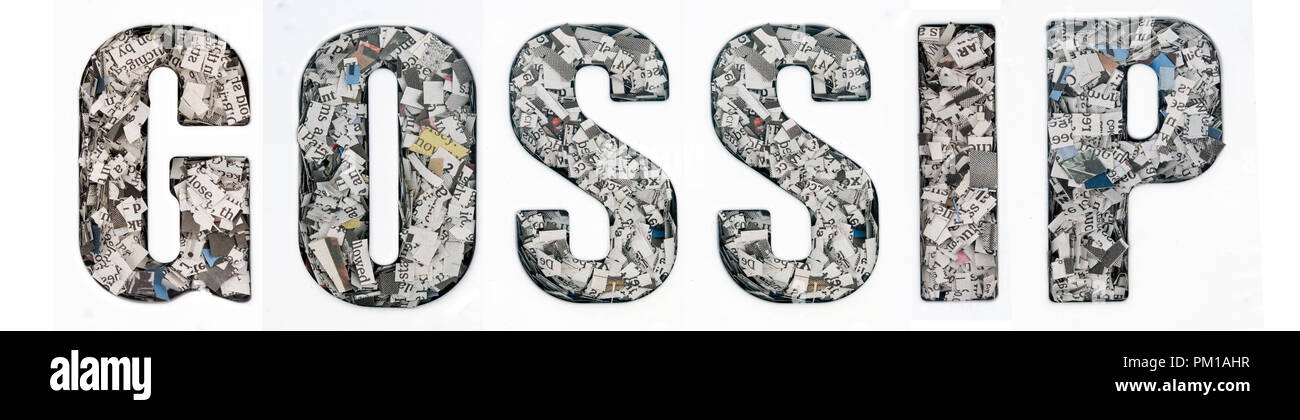 the word GOSSIP made up of lots of cut up newspaper isolated Stock ...