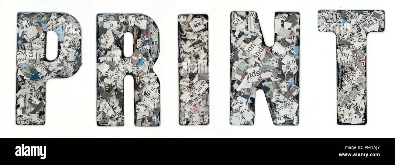 the word PRINT made up of lots of cut up newspaper isolated Stock Photo ...