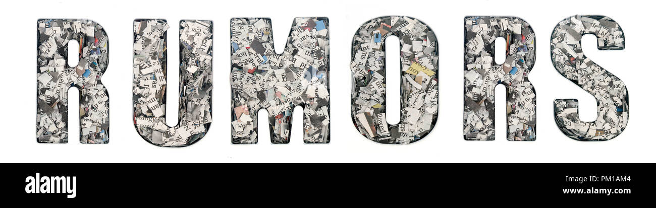 the word RUMORS made up of lots of cut up newspaper isolated Stock ...