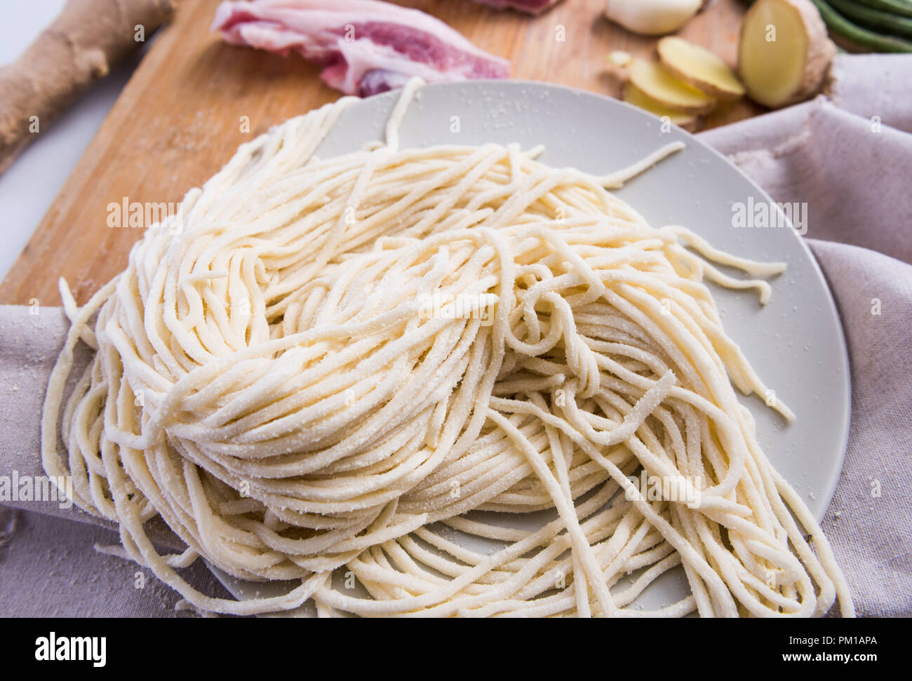 Chinese pasta, fresh noodles and meat, and other vegetables Stock Photo ...