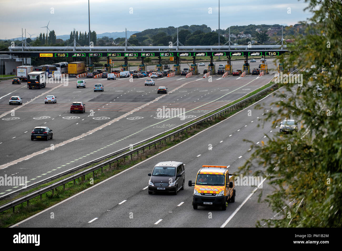 The M4 motorway west-bound toll plaza on the Second Severn Crossing ...