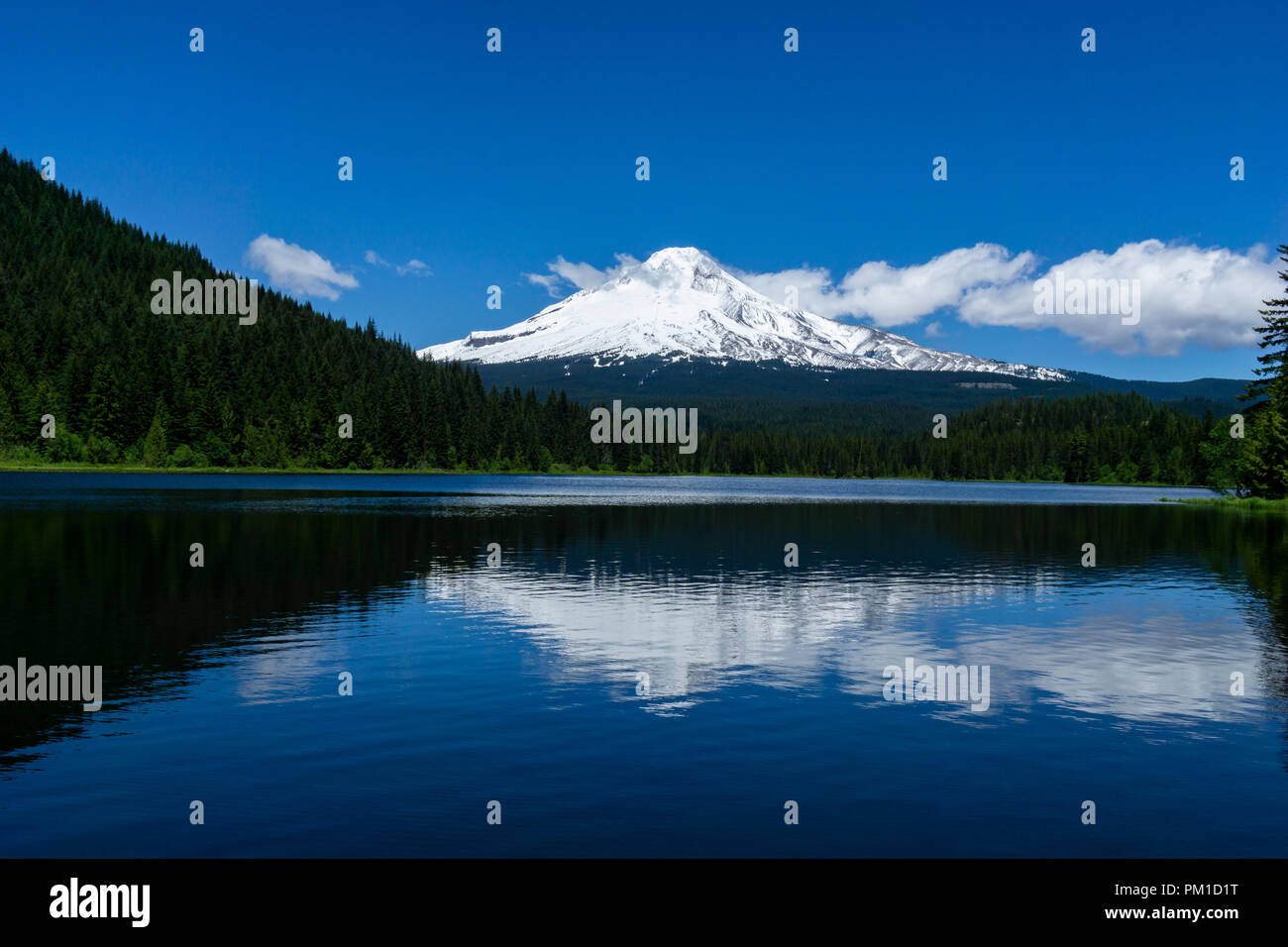 Snowy Mount Hood southern slope with reflection on Trillium Lake ...