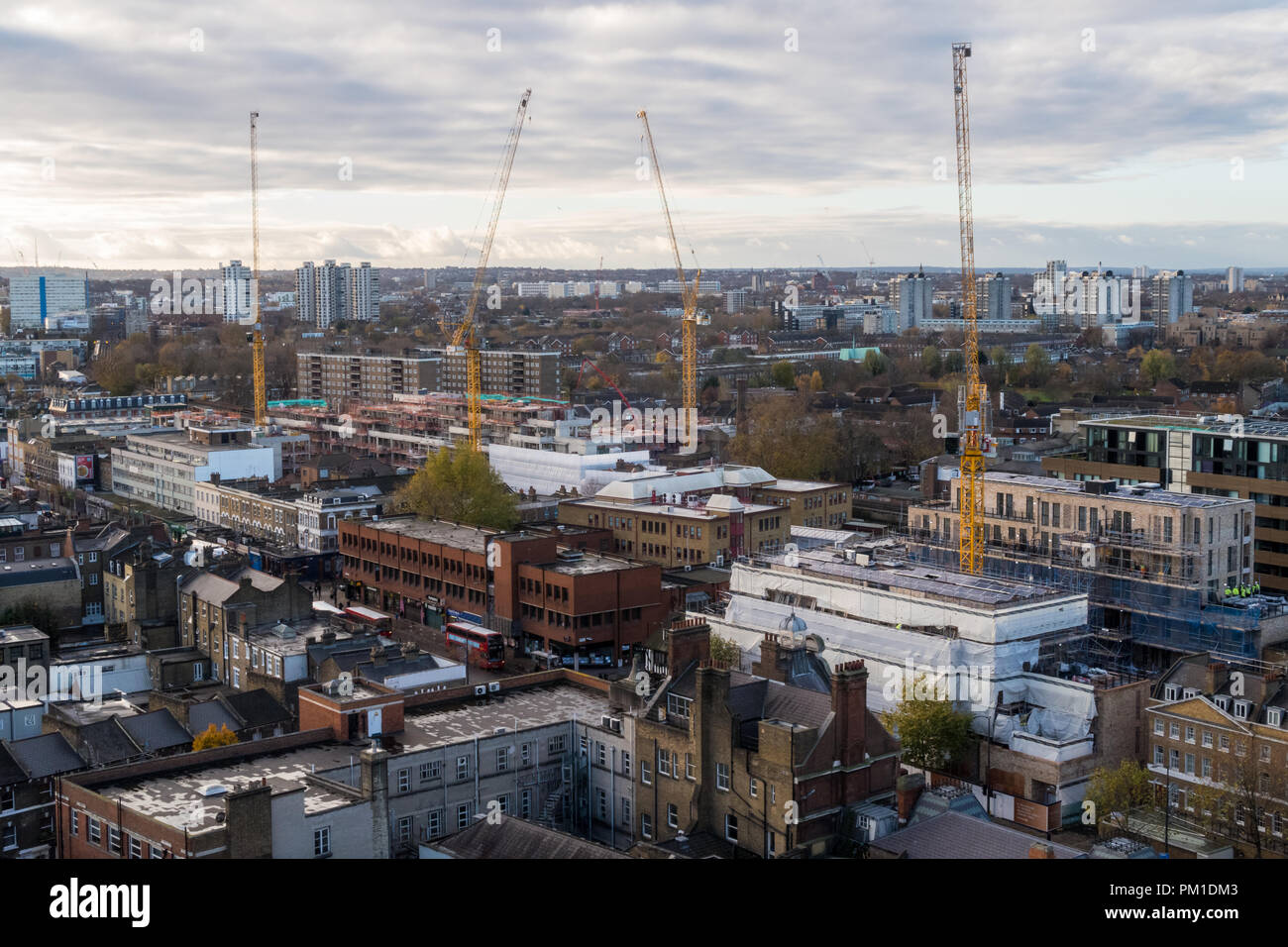 Large development in South London with Yellow Tower Cranes, UK Stock ...