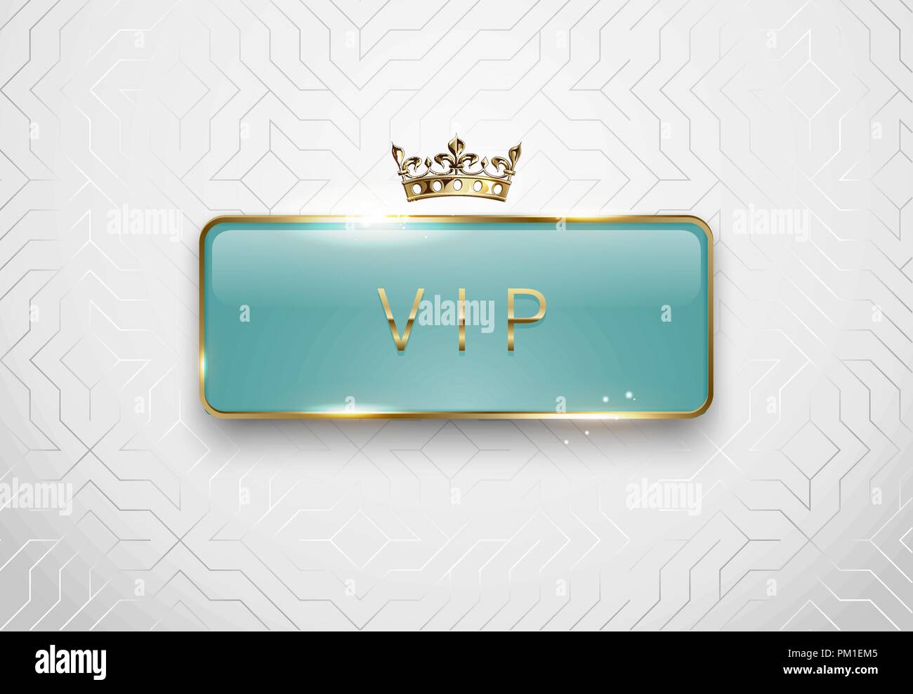 Vip light green glass label with golden frame sparks and crown on white ...