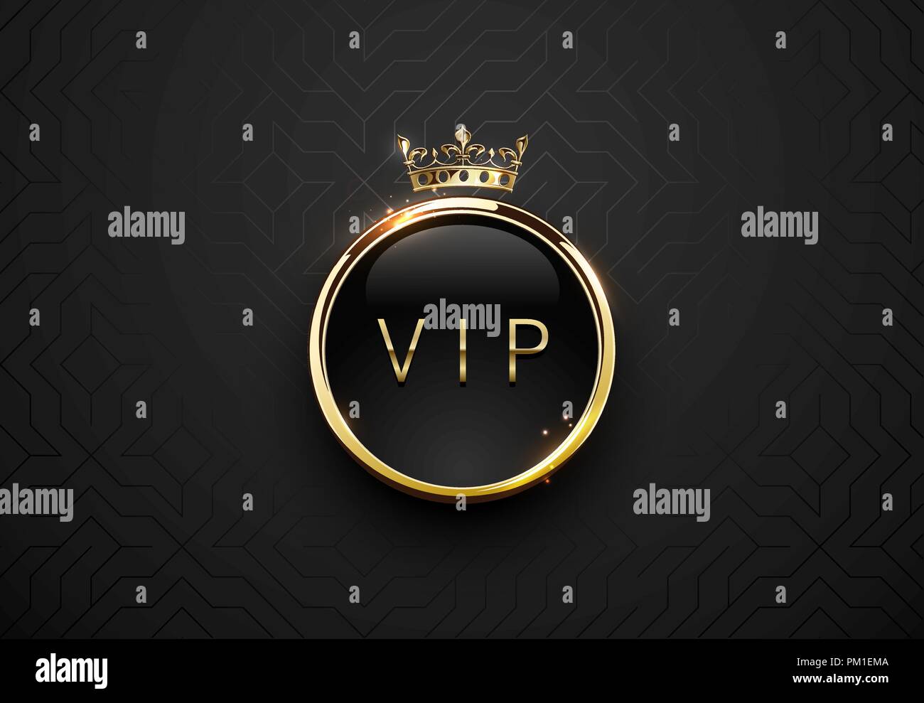 Vip black label with round golden ring frame sparks and crown on black ...