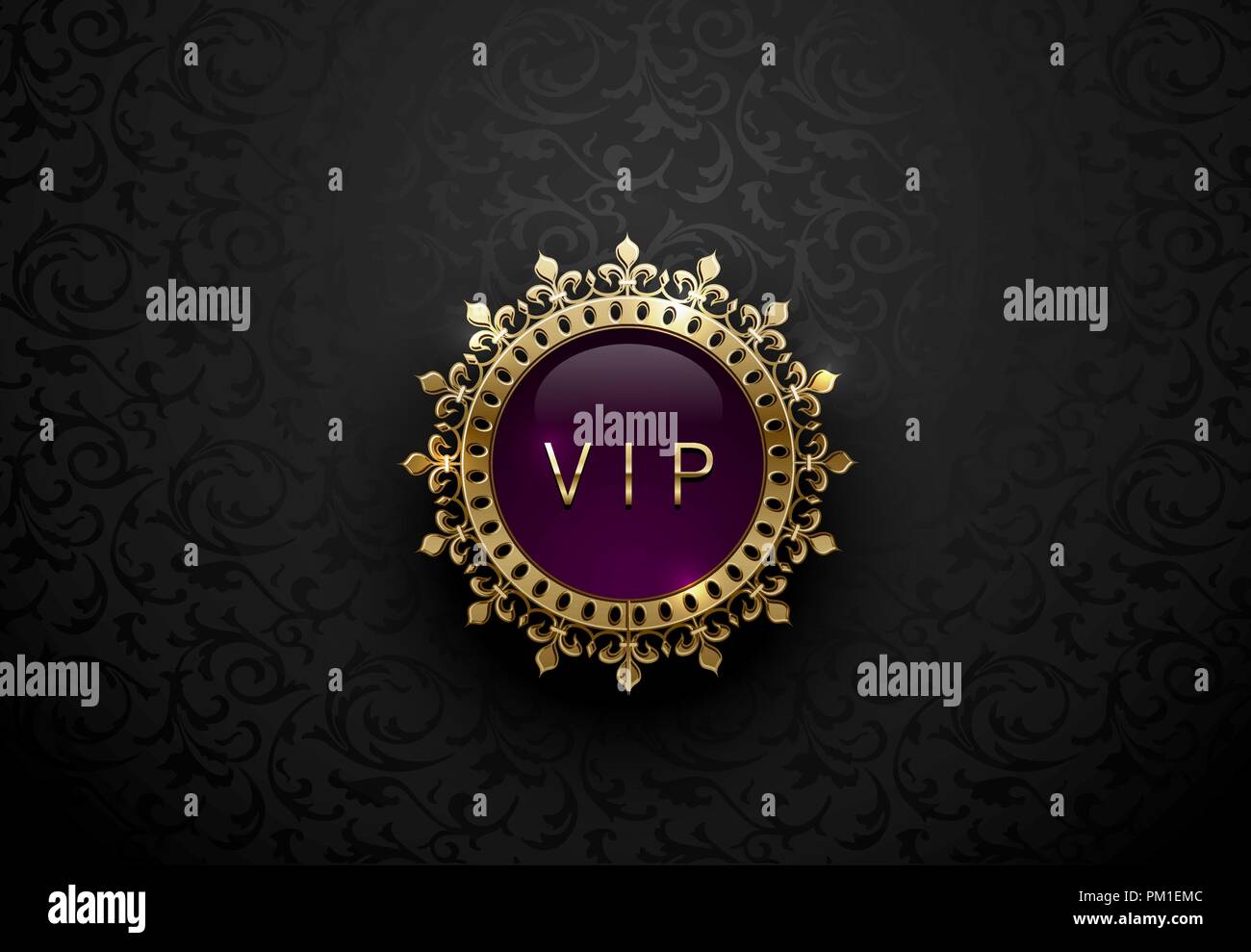 Vip purple label with round golden ring frame crown on black floral ...