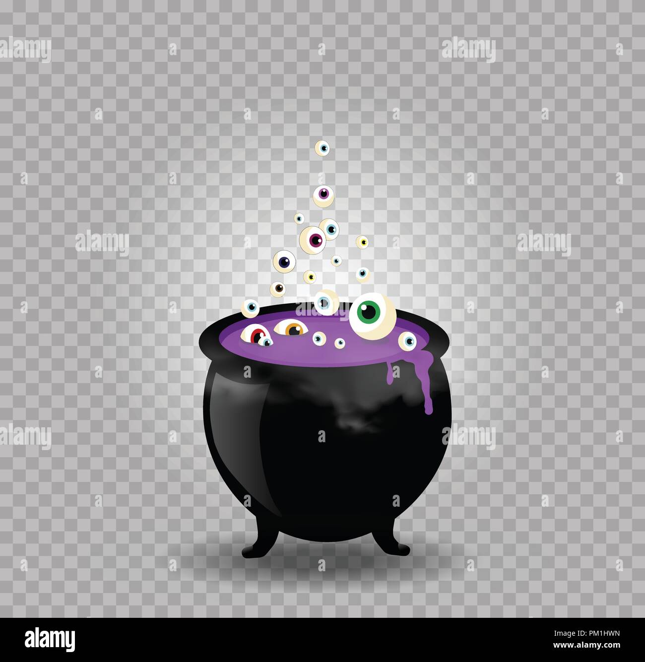 Black witch steaming pot cauldron with purple boiling potion, eyeballs ...
