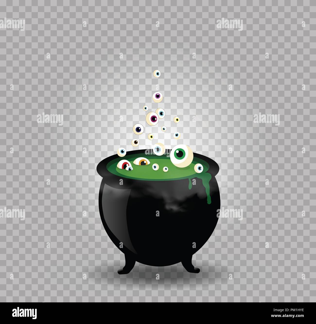 Black witch steaming pot cauldron with green boiling potion, eyeballs isolated. Halloween vector ...