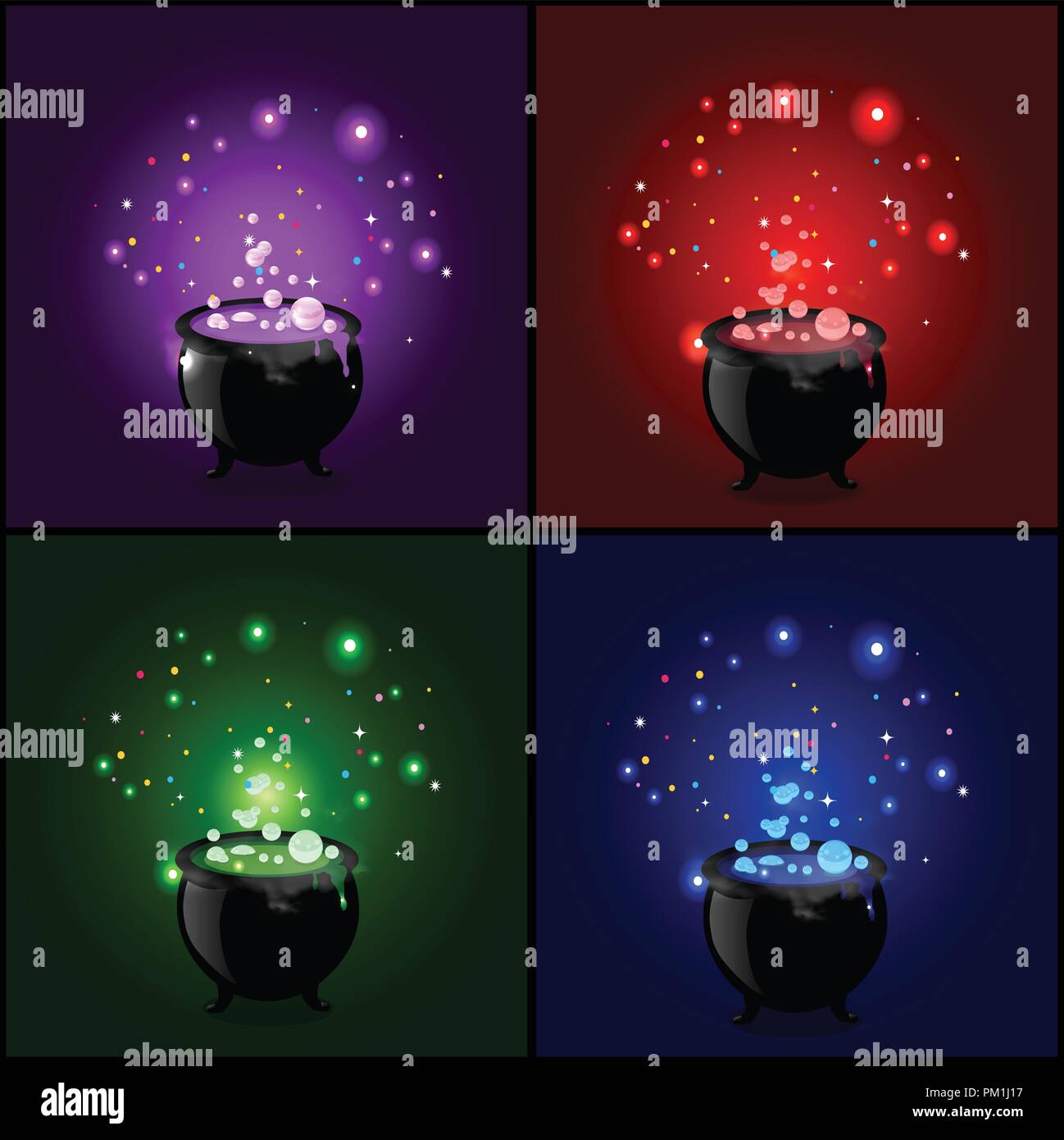 Happy Halloween greeting card elements set. Witch cauldron with boiling ...