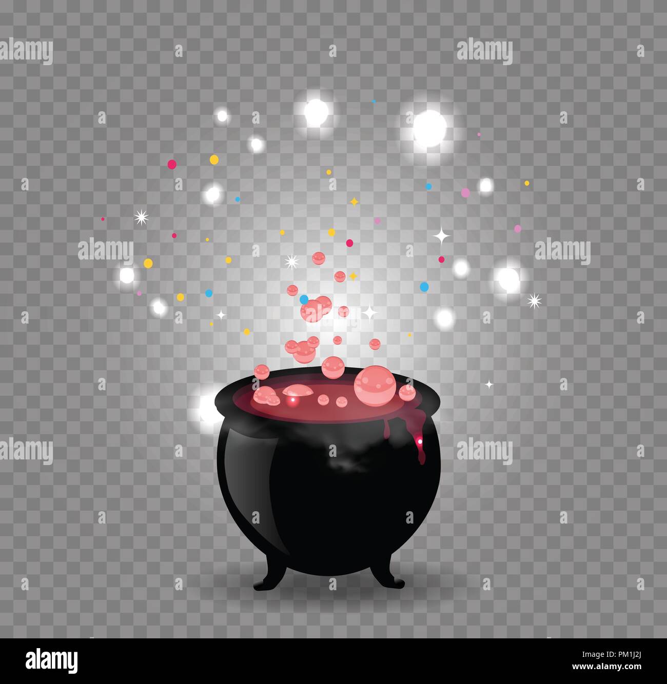 Black witch pot cauldron with red boiling potion, sparkles and bubbles ...