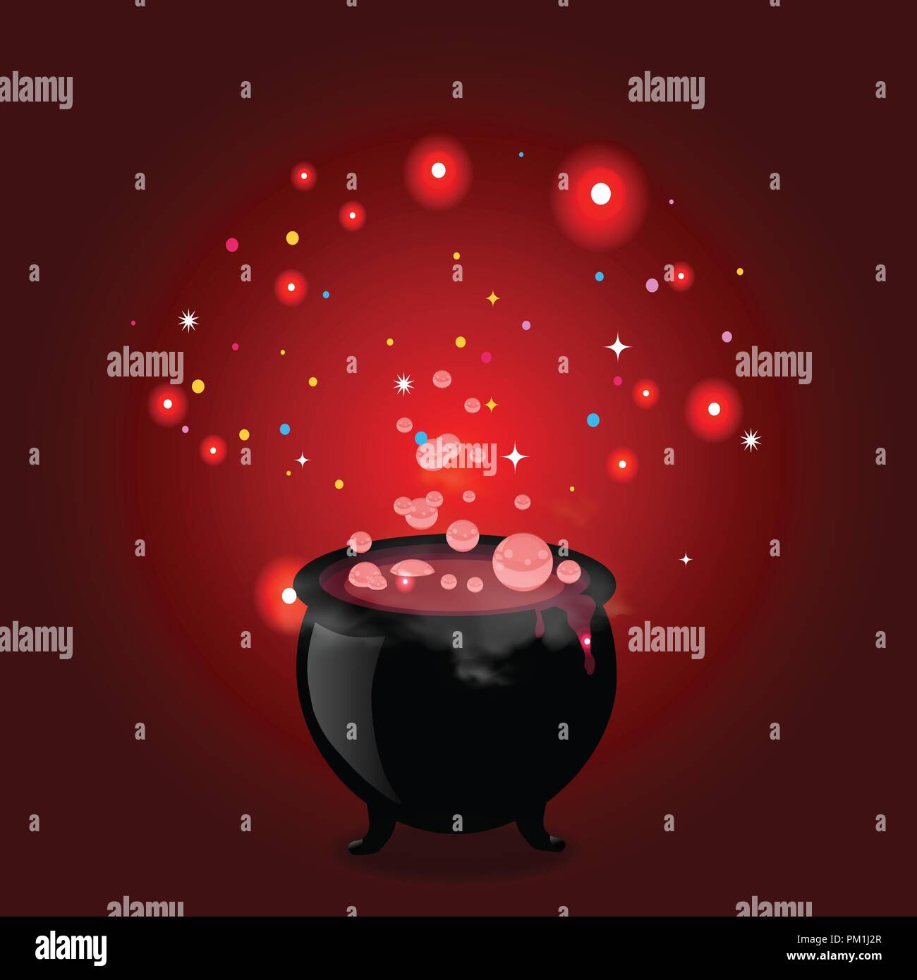 Black witch pot cauldron with boiling potion, glowing sparkles and ...