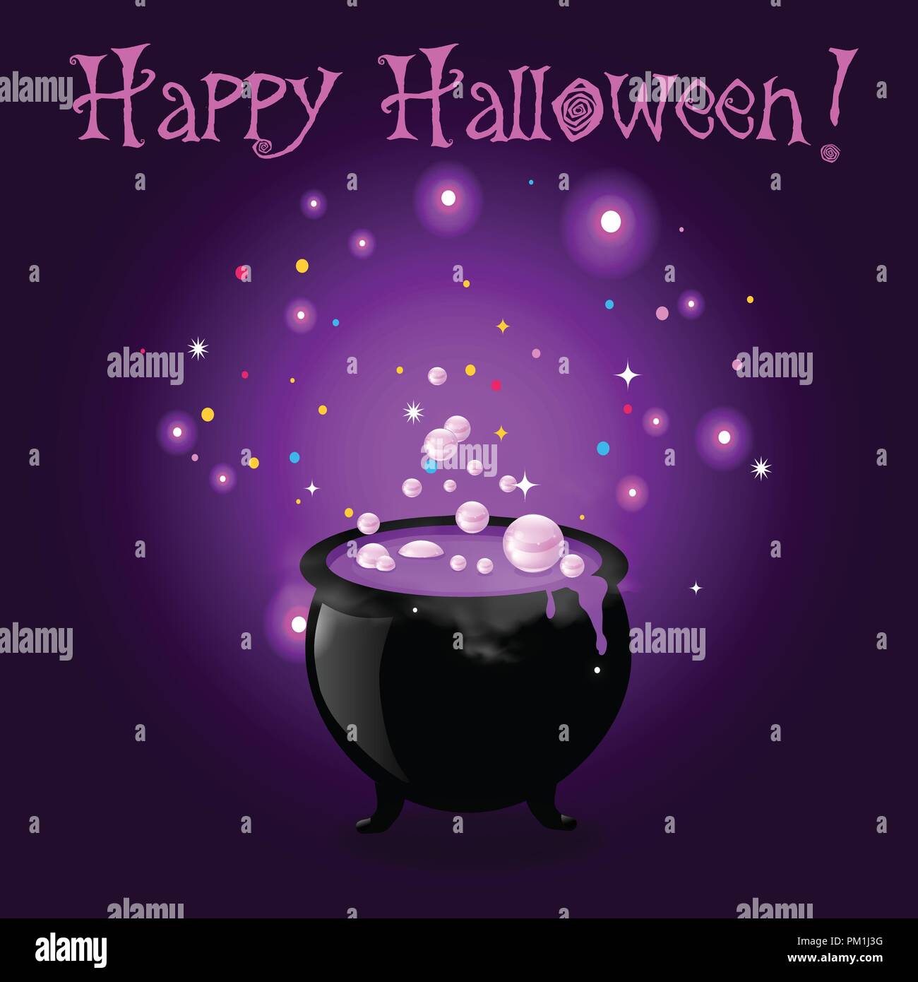 Happy Halloween greeting card. Witch cauldron with boiling sparkling ...